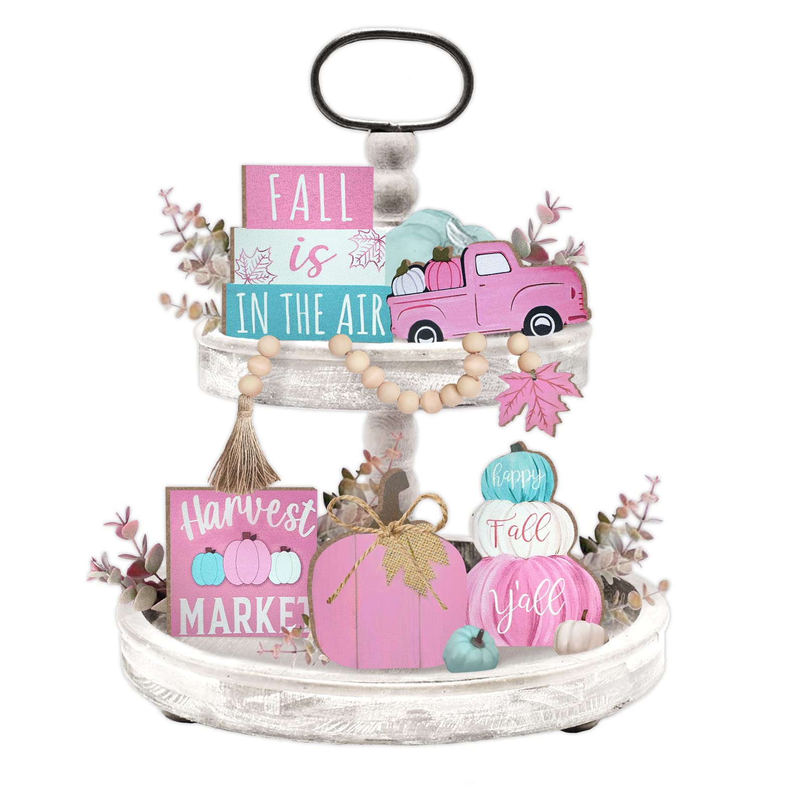 Guoofu Pink Fall Tiered Tray Decor, Farmhouse Pumpkin Tray Decorations, Cute Pumpkin Trucks Maple Leaf Wooden Signs Beads Garland, Autumn Thanksgiving Harvest Home Decor for Tabletop Shelf Mantel
