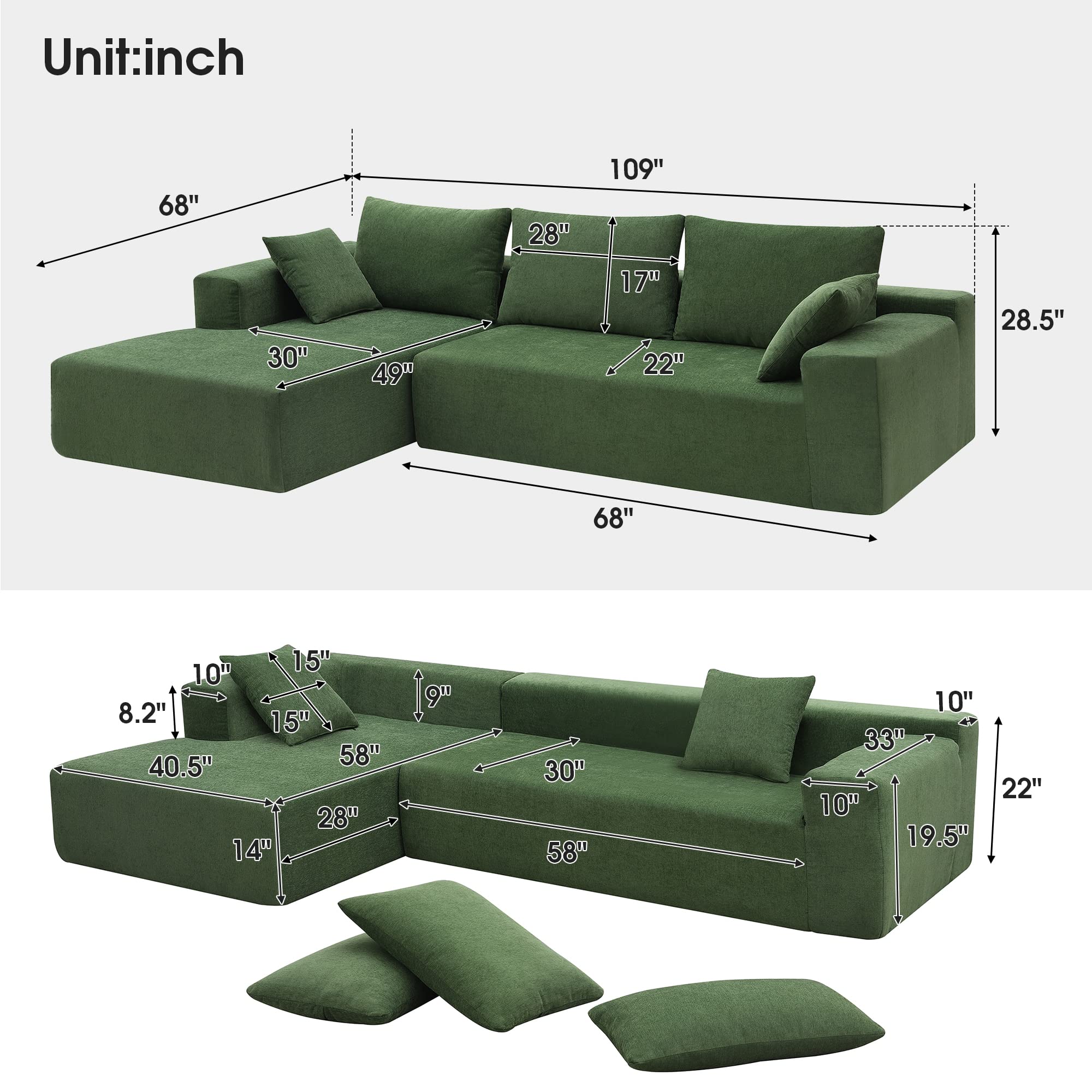 NordStorm 109" Modular Sectional Living Room Sofa Set with 2 Pillows, Modern Minimalist Style Couch, Upholstered Sleeper Sofa for Living Room, Bedroom, Salon, 2 PC Free Combination, L-Shape, Green