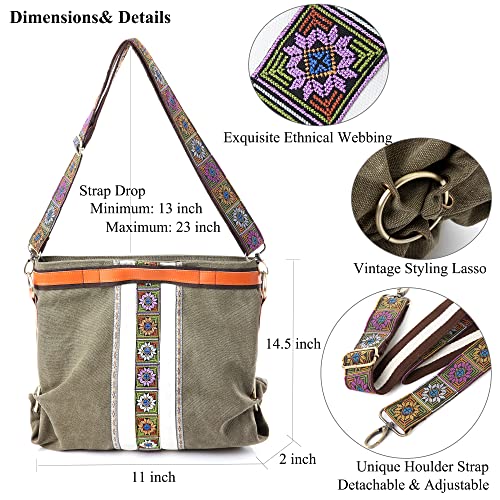 Women Canvas Crossbody Bag Shoulder Bag, Vintage Heavy-duty Tote Handbag (Grass Green)