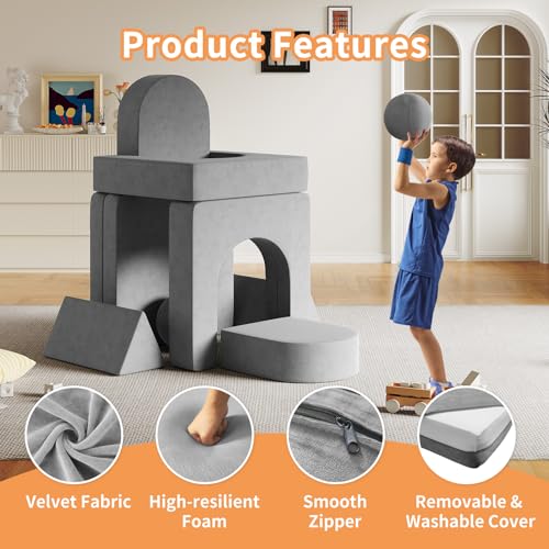 linor Kids Couch Toddler Couch 9pcs Kids Sofa Couch with Spherical Module and Tunnel Elements, Toddler Sofa Kids Fold Out Couch for Playroom Bedroom, Creative Baby Couch Kids Foam Couch (Grey)
