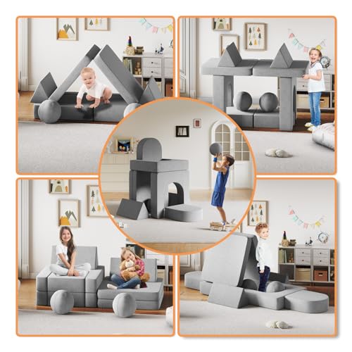 linor Kids Couch Toddler Couch 9pcs Kids Sofa Couch with Spherical Module and Tunnel Elements, Toddler Sofa Kids Fold Out Couch for Playroom Bedroom, Creative Baby Couch Kids Foam Couch (Grey)