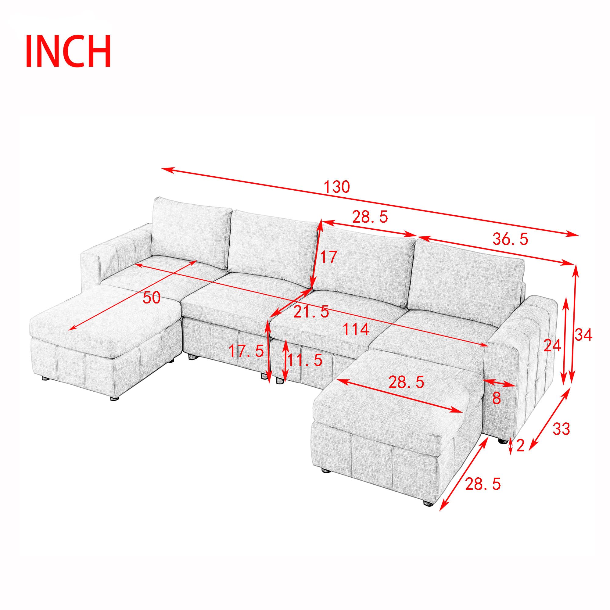 Verfur Convertible Modular Sectional Sofa, 132.25" Free Combination Oversized Couch with Removable Backrest, 4 Seater Upholstered Comfy Corner Sofa&Couches for Living Room Furniture Sets