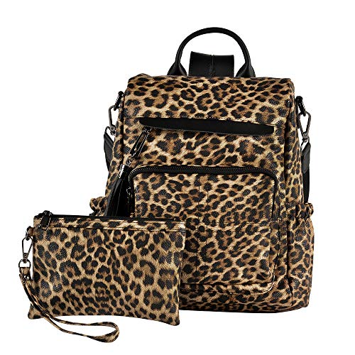 Womens Backpack Purse Set Casual Fashion Backpack Wallet Shoulder Bag Travel Daypack (Leopard with wallet)