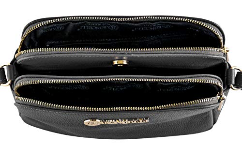 Baroncelli Crossbody Bag Made in Italy with Long Stripe Genuine Italian Soft Leather Black