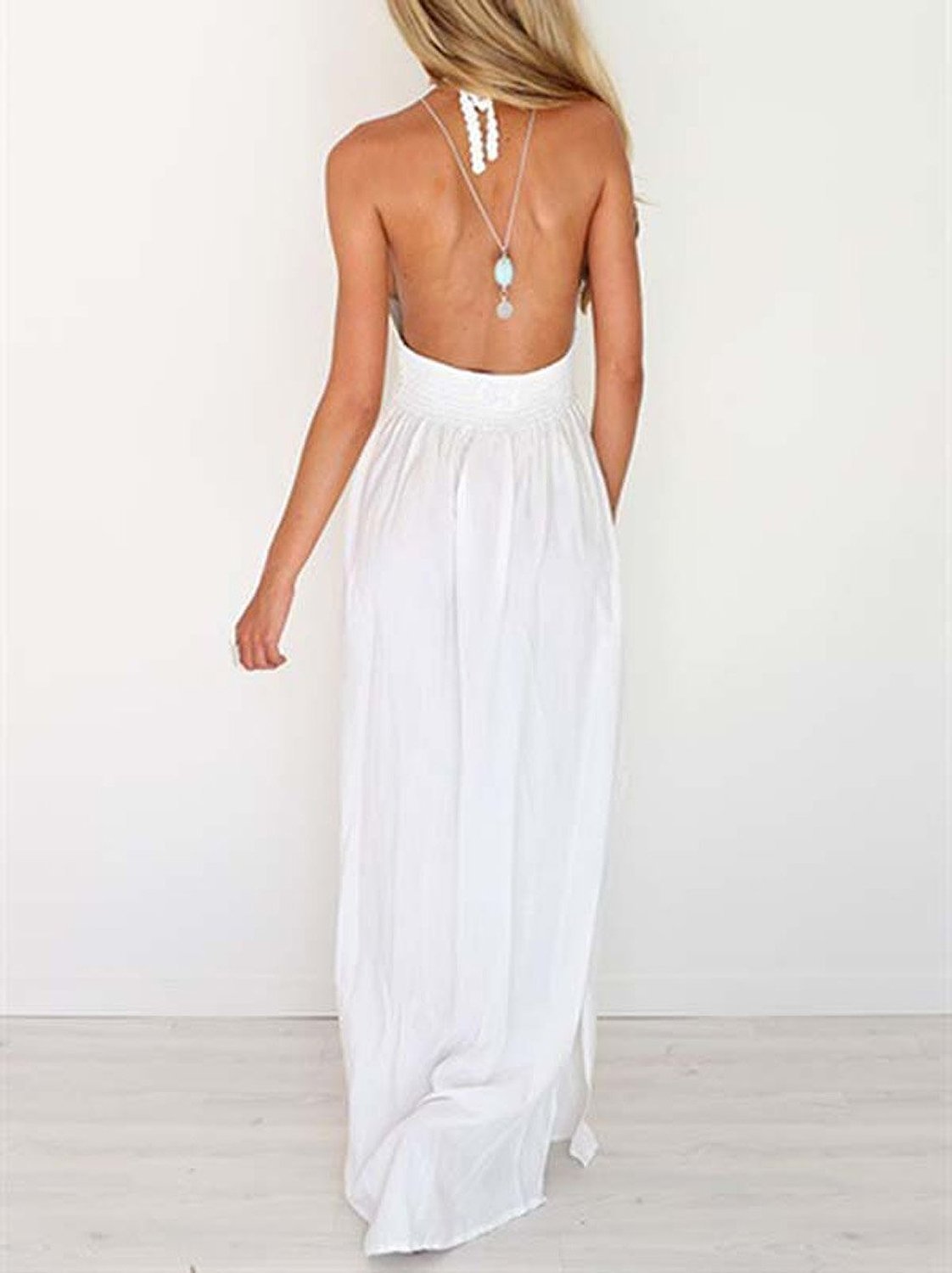 LILBETTER Women's Beach Crochet Backless Bohemian Halter Maxi Long Dresses (White,X-Large)