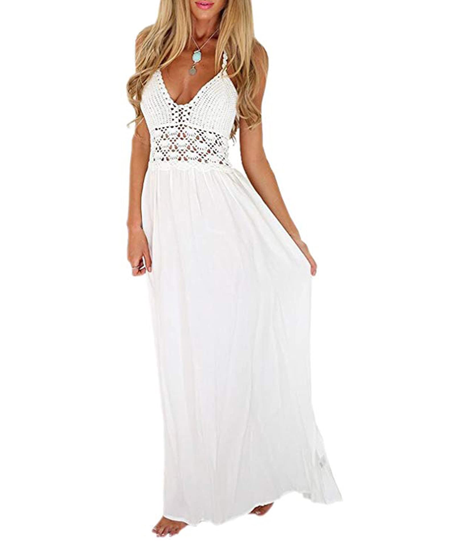 LILBETTER Women's Beach Crochet Backless Bohemian Halter Maxi Long Dresses (White,X-Large)