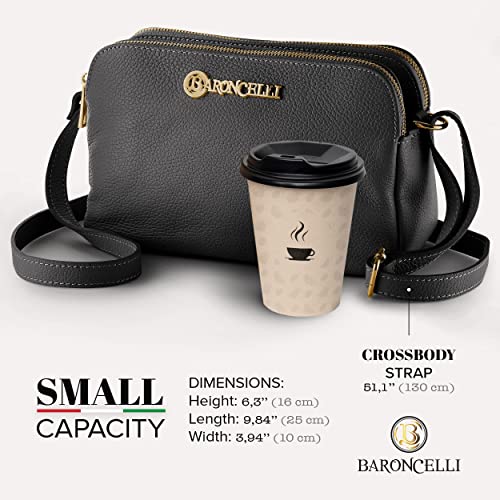 Baroncelli Crossbody Bag Made in Italy with Long Stripe Genuine Italian Soft Leather Black