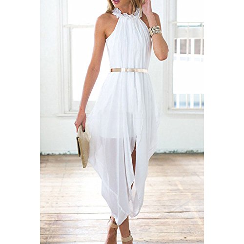 Women's Sheer Chiffon Folds Hi Low Loose Dress Delicate Gold Belt Outer Maxi Inner Mini (Large, White)