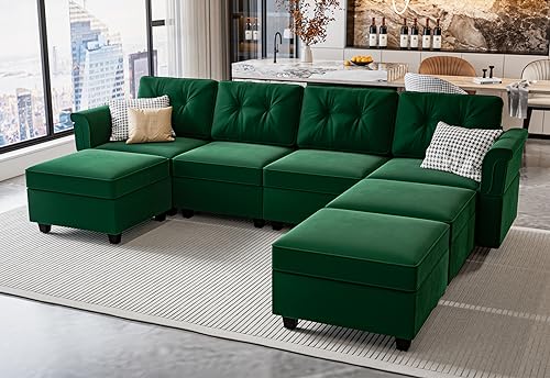 Belandi Modular Sectional Sofa U Shaped Convertible Sofa Couch with Storage, 7-Seat Velvet Modular Sofa with Ottomans, Oversized Sofa Couch with Reversible Chaises for Living Room, Green