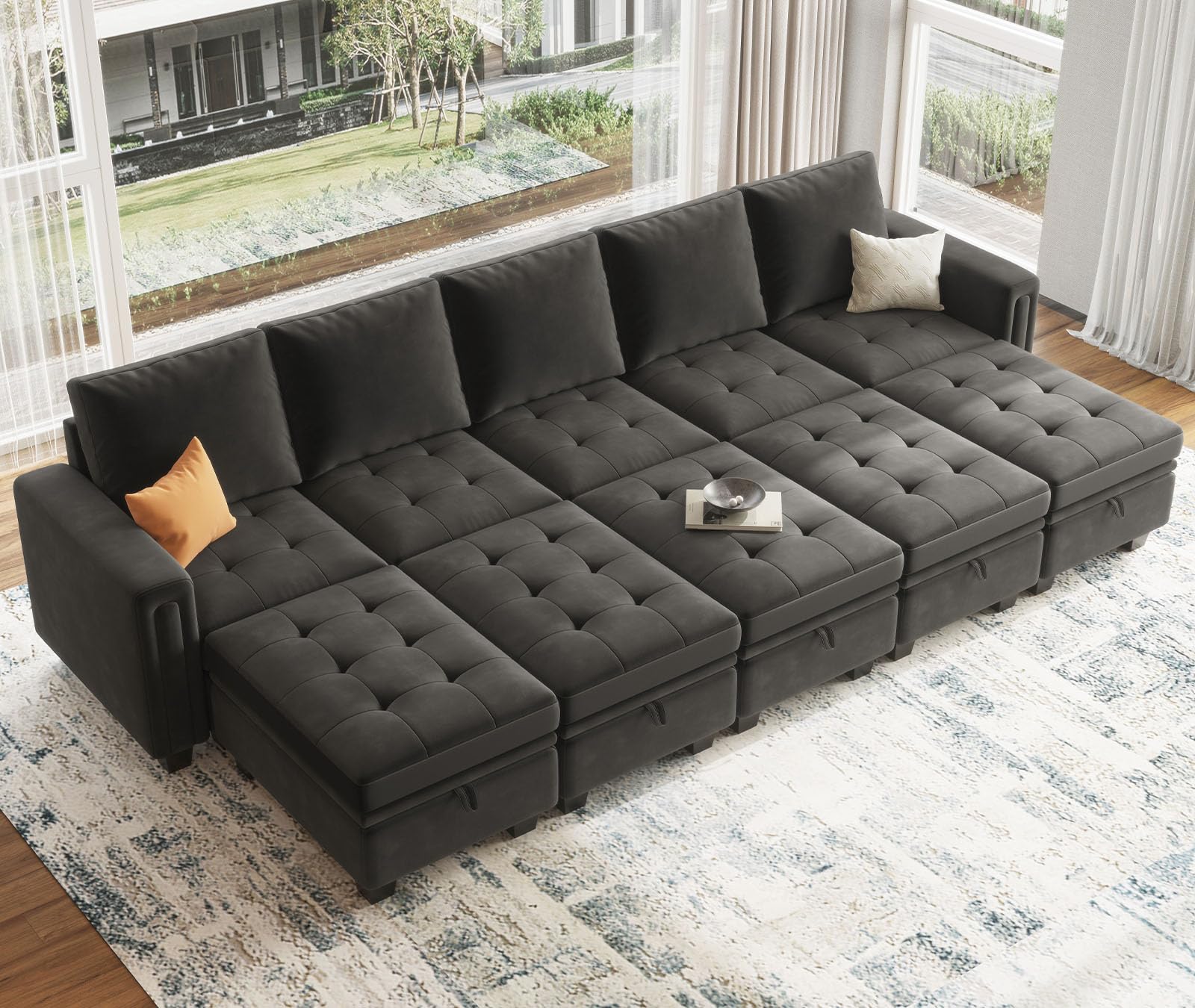 Belffin Velvet Modular Sectional Sofa Oversized 10-seat Sectional Sleeper Sofa Modular with Storage Ottoman Convertible Sectional Couch Bed with Reversible Chaise Grey
