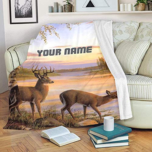 CUXWEOT Custom Blanket with Name Text,Personalized Forest Deer Super Soft Fleece Throw Blanket for Couch Sofa Bed (50 X 60 inches)