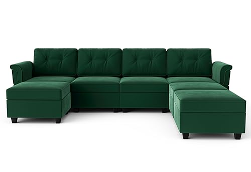 Belandi Modular Sectional Sofa U Shaped Convertible Sofa Couch with Storage, 7-Seat Velvet Modular Sofa with Ottomans, Oversized Sofa Couch with Reversible Chaises for Living Room, Green