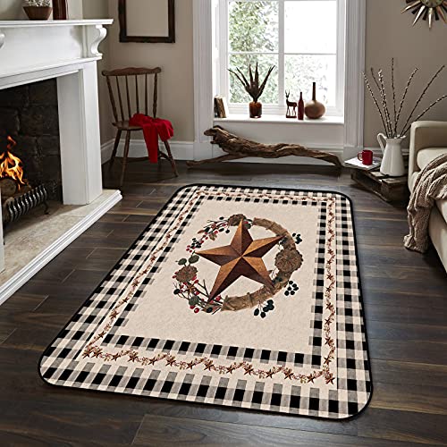 Non-Slip Area Rugs with Rubber Backing Throw Rugs Runner Farmhouse Country Star and Primitive Berries On Retro Black Plaid Non-slip Soft Cozy Carpets for Floor, Entryway, Nursery48x72 Inch