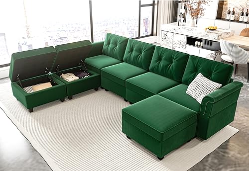 Belandi Modular Sectional Sofa U Shaped Convertible Sofa Couch with Storage, 7-Seat Velvet Modular Sofa with Ottomans, Oversized Sofa Couch with Reversible Chaises for Living Room, Green