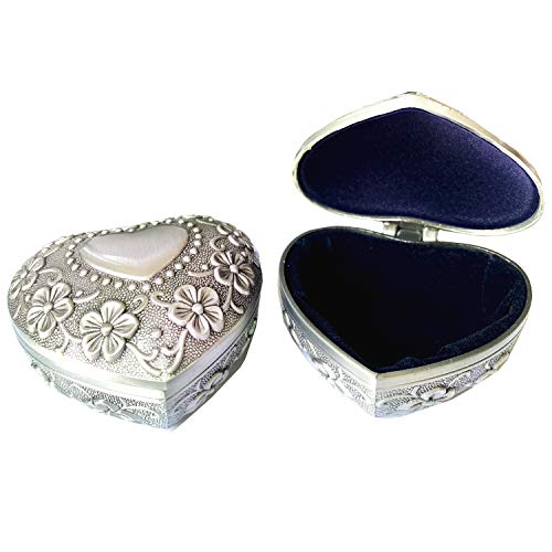 TANG SONG 2 Packs Small Metal Heart Shape Jewelry Box Classic Vintage Antique Ring Box Trinket Storage Organizer Chest (Silver)