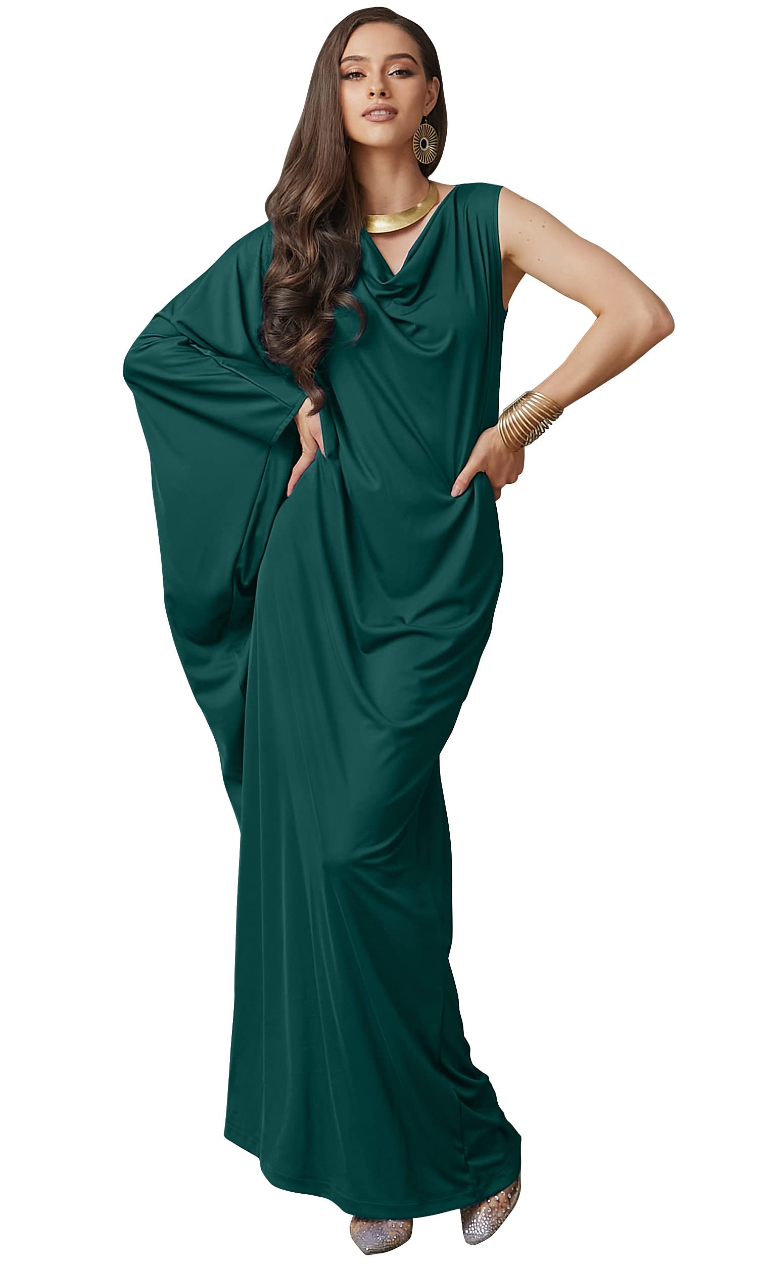 KOH KOH Womens Long Cowl Neck Grecian Goddess Single Sleeve Elegant Evening Wedding Guest Bridesmaid Bridal Party Flowy Maxi Dress Dresses Gown Gowns, Emerald Green L 12-14