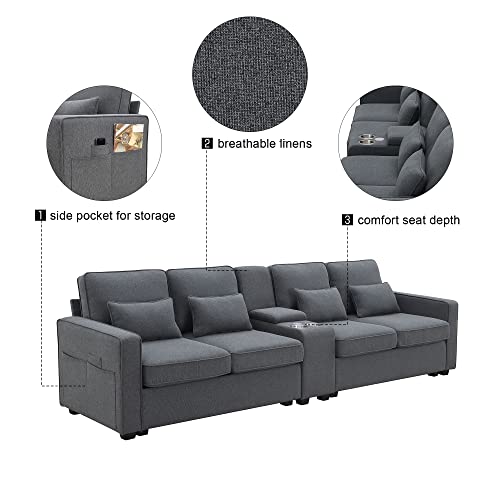 Multifunctional Modular Linen Upholstered Sectional Sofa Couch with Storage Consloe,Cupholders, USB Charging Ports and Wired & Wirelessly Charged for Home Office Apartment Living Room Furniture Sets