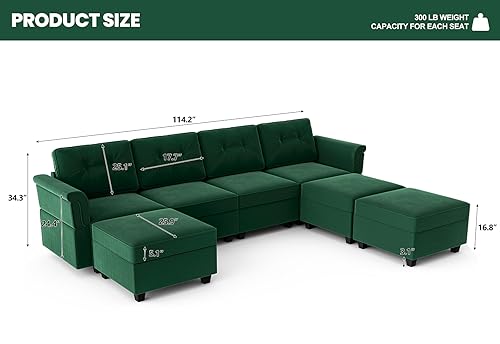 Belandi Modular Sectional Sofa U Shaped Convertible Sofa Couch with Storage, 7-Seat Velvet Modular Sofa with Ottomans, Oversized Sofa Couch with Reversible Chaises for Living Room, Green