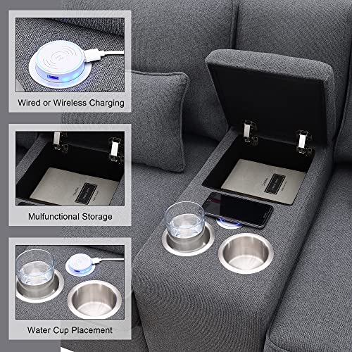 Multifunctional Modular Linen Upholstered Sectional Sofa Couch with Storage Consloe,Cupholders, USB Charging Ports and Wired & Wirelessly Charged for Home Office Apartment Living Room Furniture Sets