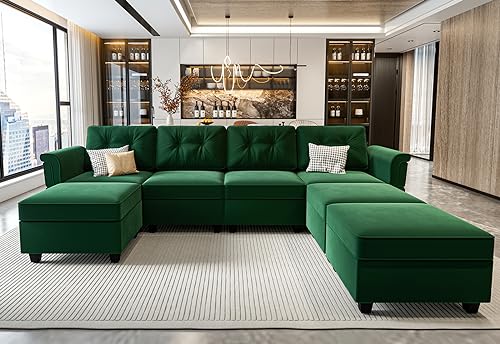 Belandi Modular Sectional Sofa U Shaped Convertible Sofa Couch with Storage, 7-Seat Velvet Modular Sofa with Ottomans, Oversized Sofa Couch with Reversible Chaises for Living Room, Green