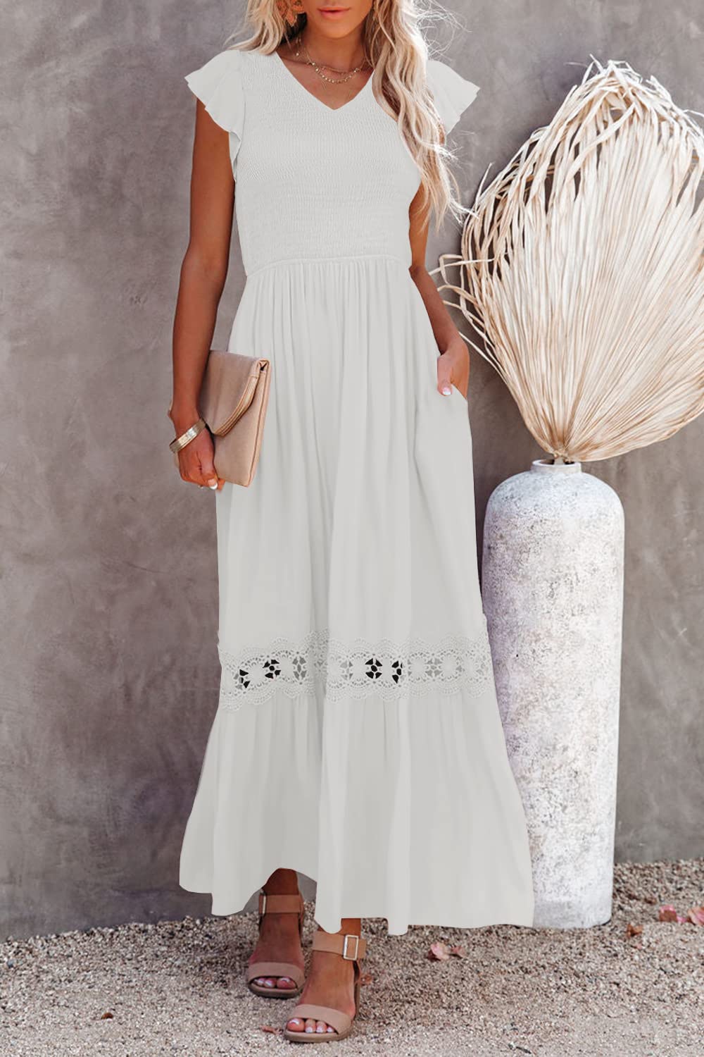 Ferlema Womens Summer Boho V Neck Sleeveless Solid Color Crochet Hem Ruffle A Line Beach Long Maxi Dress White Medium