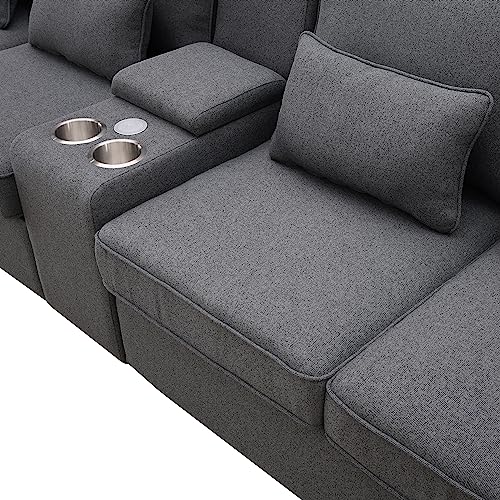 Multifunctional Modular Linen Upholstered Sectional Sofa Couch with Storage Consloe,Cupholders, USB Charging Ports and Wired & Wirelessly Charged for Home Office Apartment Living Room Furniture Sets