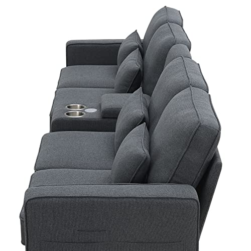 Multifunctional Modular Linen Upholstered Sectional Sofa Couch with Storage Consloe,Cupholders, USB Charging Ports and Wired & Wirelessly Charged for Home Office Apartment Living Room Furniture Sets