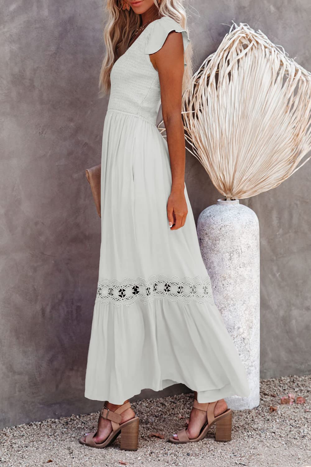 Ferlema Womens Summer Boho V Neck Sleeveless Solid Color Crochet Hem Ruffle A Line Beach Long Maxi Dress White Medium