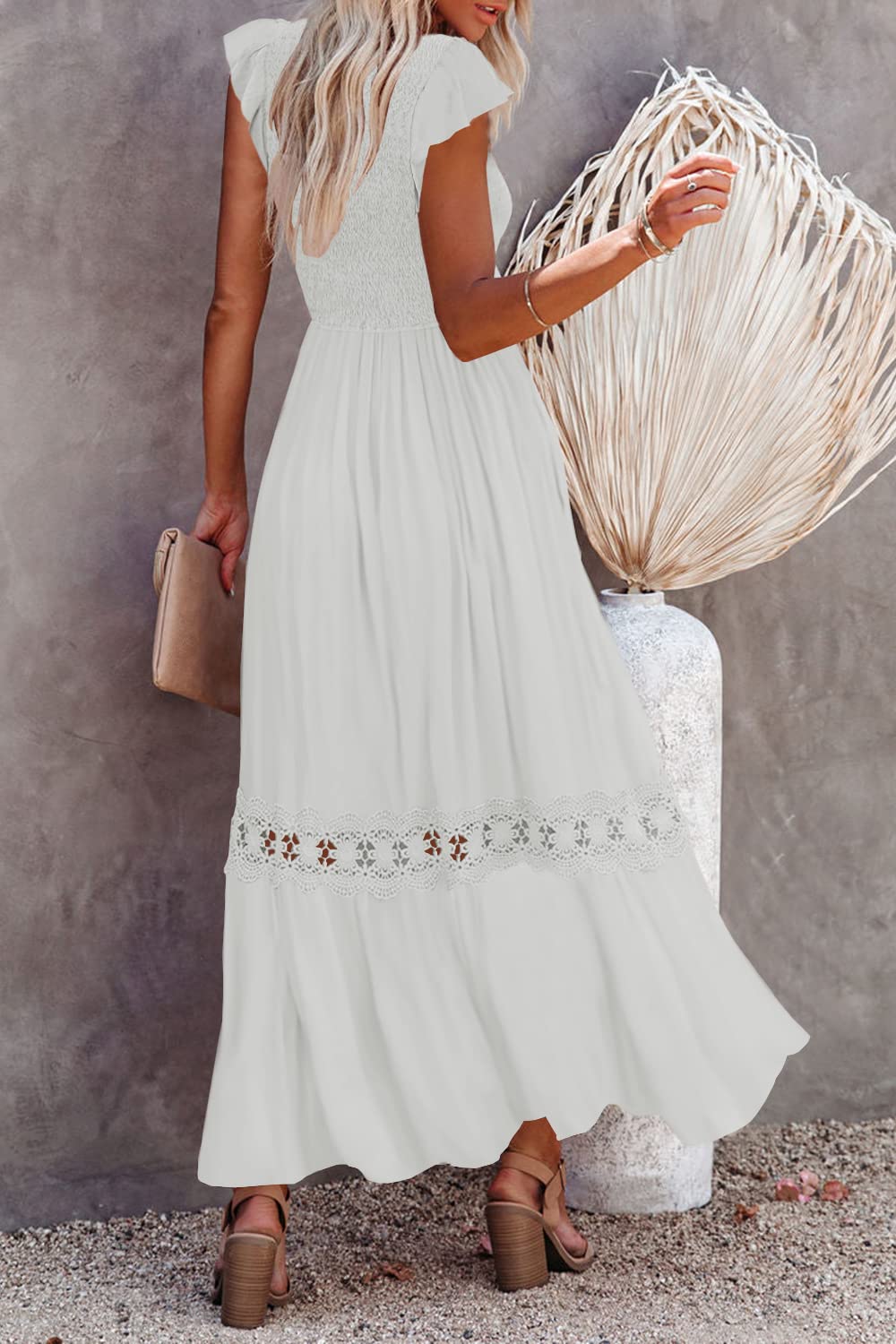 Ferlema Womens Summer Boho V Neck Sleeveless Solid Color Crochet Hem Ruffle A Line Beach Long Maxi Dress White Medium