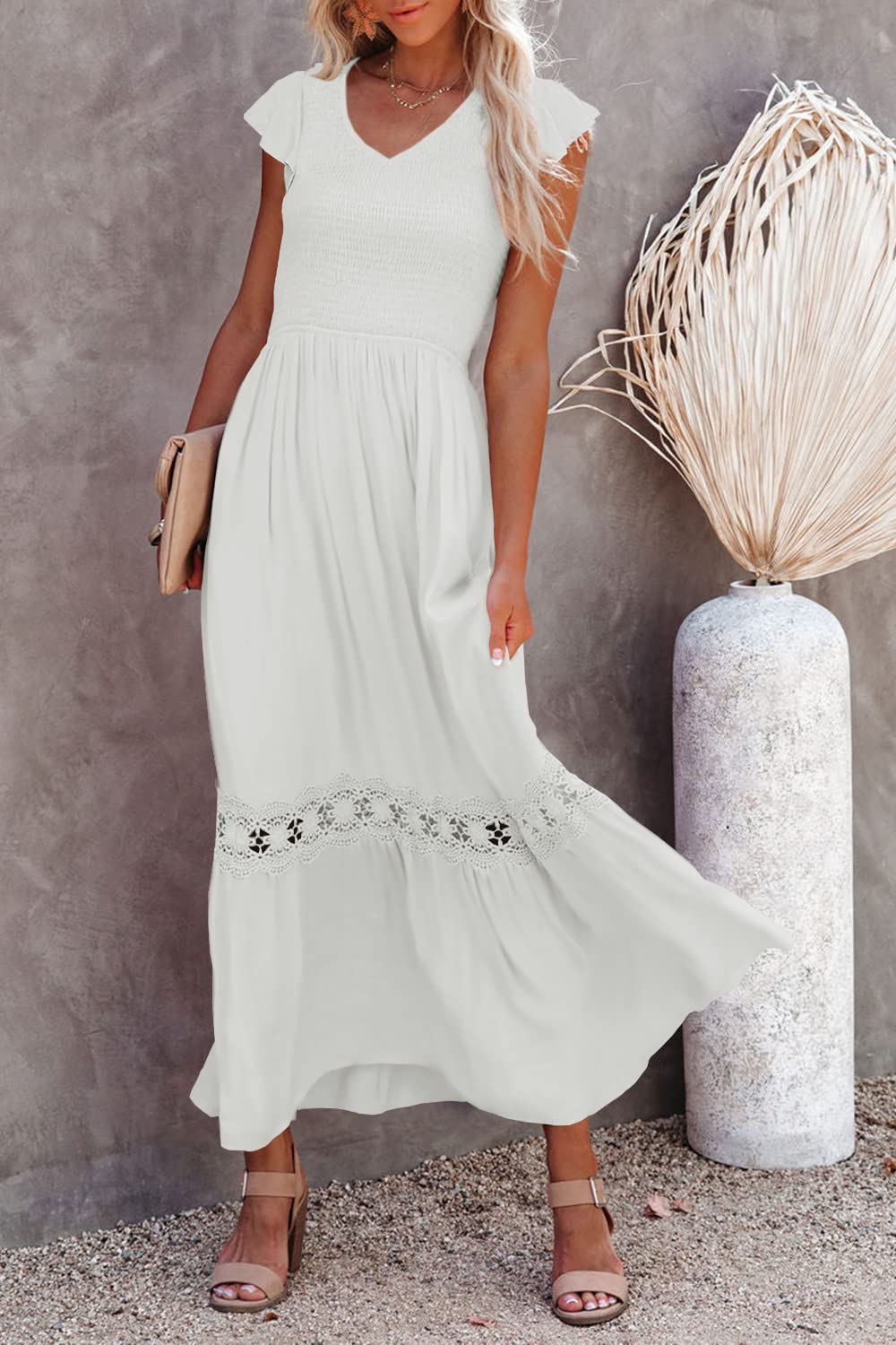 Ferlema Womens Summer Boho V Neck Sleeveless Solid Color Crochet Hem Ruffle A Line Beach Long Maxi Dress White Medium