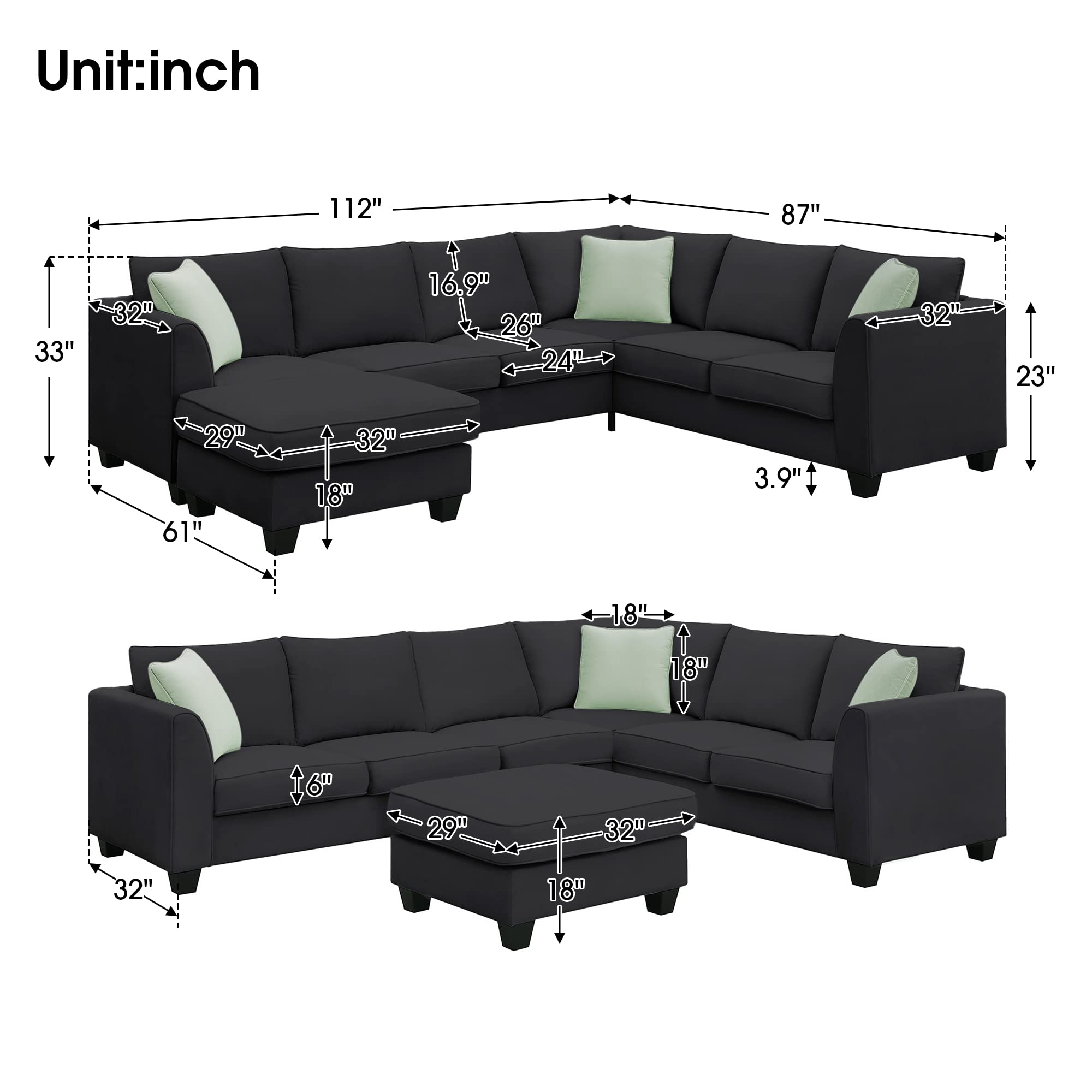 TARTOP 11287" Living Room 7 Seats Modular Sectional Ottoman L Shape Fabric Sofa Corner Couch Set with 3 Pillows, Black