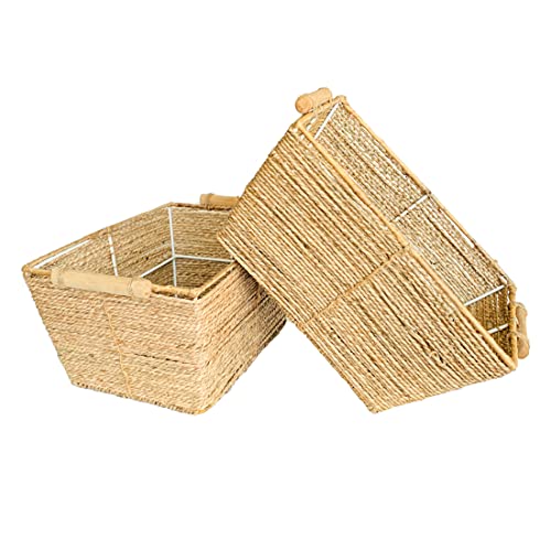 MARLIC Rectangular Seagrass Woven Storage Basket with Handles - Natural Seagrass Baskets for Organization and Storage - Medium - Trapezoid 12x8x6 IN (2)