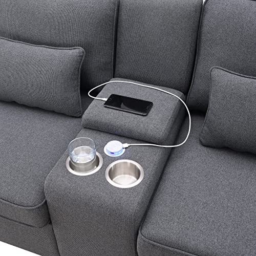 Multifunctional Modular Linen Upholstered Sectional Sofa Couch with Storage Consloe,Cupholders, USB Charging Ports and Wired & Wirelessly Charged for Home Office Apartment Living Room Furniture Sets