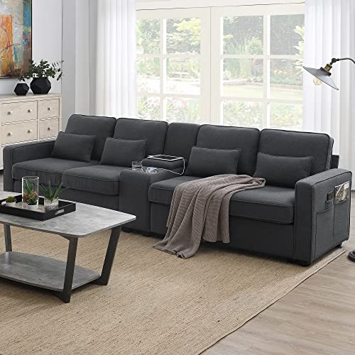 Multifunctional Modular Linen Upholstered Sectional Sofa Couch with Storage Consloe,Cupholders, USB Charging Ports and Wired & Wirelessly Charged for Home Office Apartment Living Room Furniture Sets