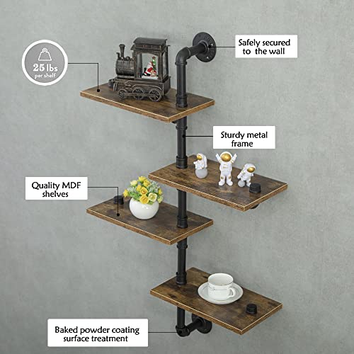 HEONITURE Industrial Pipe Shelving, Pipe Shelves with Wood Planks, Corner Floating Shelves Wall Mounted, Retro Rustic Industrial Shelf for Bar Kitchen Living Room
