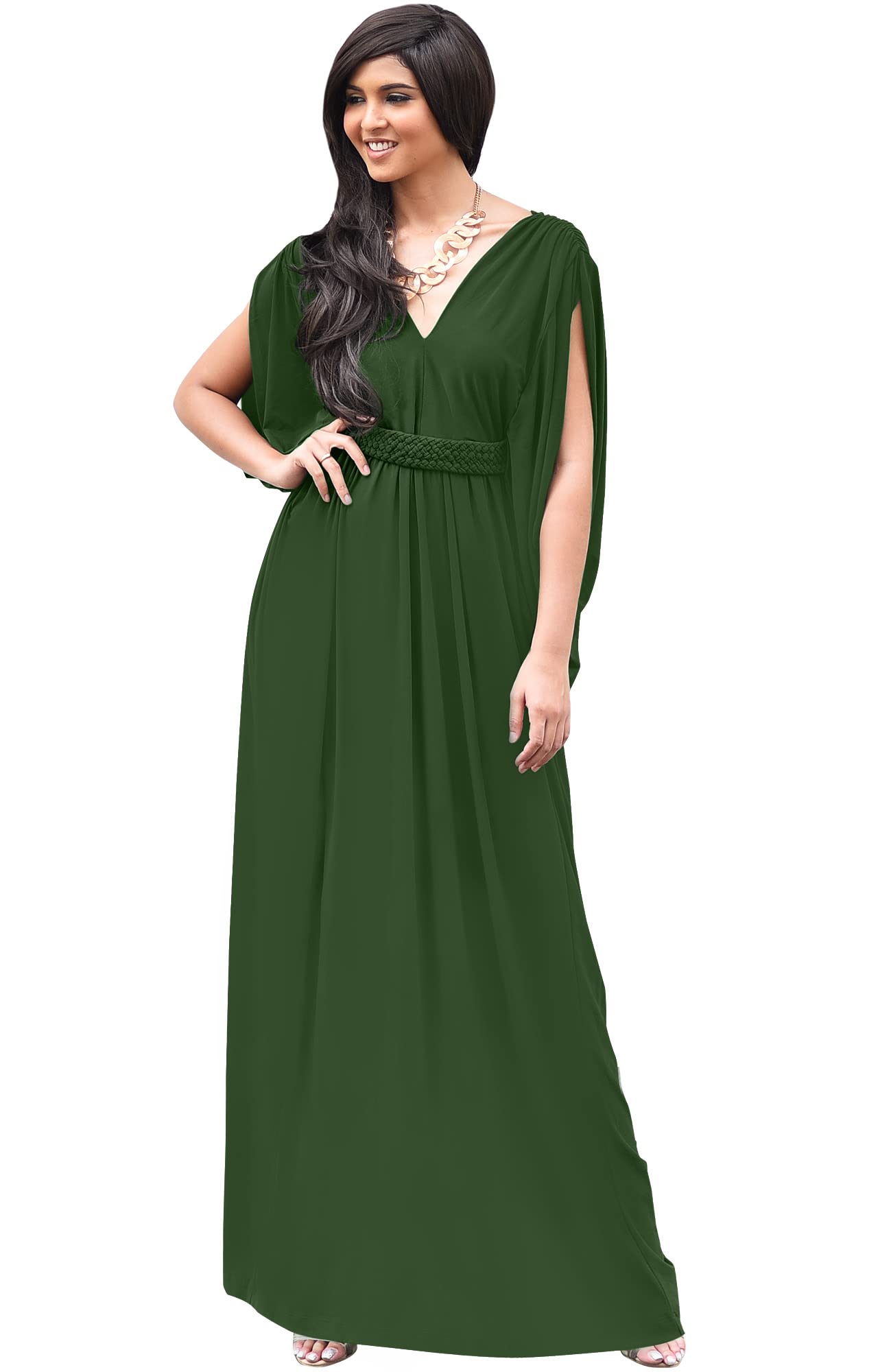 KOH KOH Plus Size Womens Long V-Neck Summer Grecian Greek Bridesmaid Wedding Party Guest Flowy Formal Evening Slimming Vintage Maternity Gown Gowns Maxi Dress Dresses, Olive Green 2XL 18-20