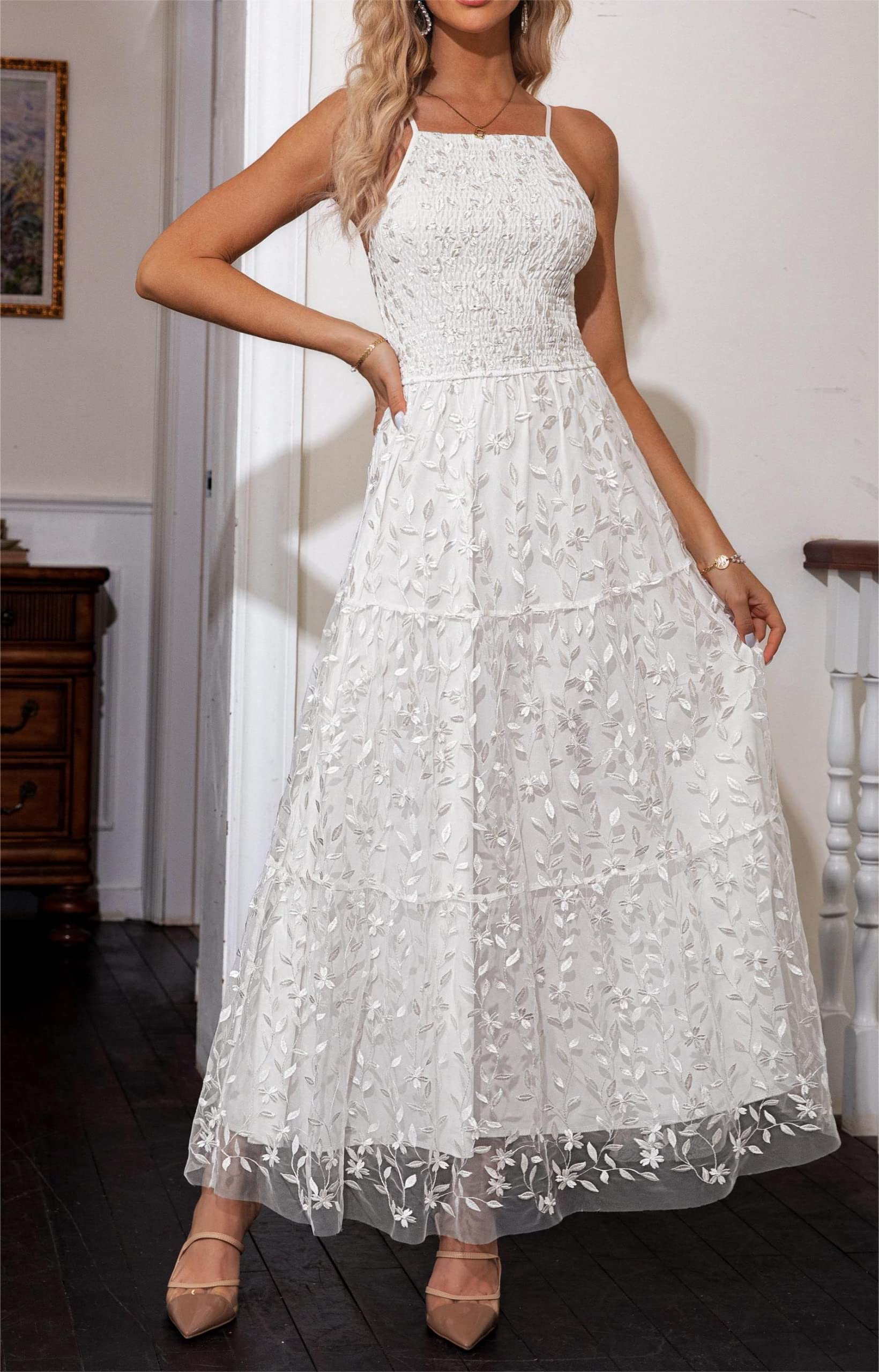 BerryGo Women's Halter Lace Flowy Long Dress Smocked Backless Elegant Beach Sun Maxi Dress for Wedding Guest White M