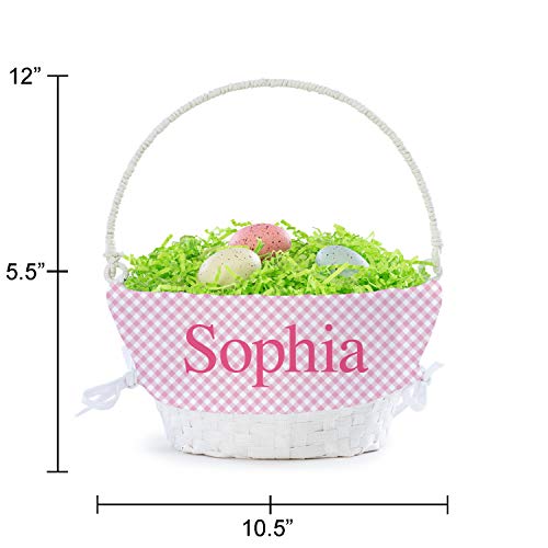 Personalized Easter Egg Basket with Handle and Custom Name | Pink Gingham Easter Basket Liners | White Basket | Woven Easter Baskets for Kids and Adults | Customized Easter Basket | Gift for Easter