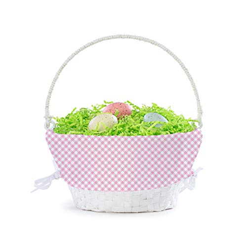 Personalized Easter Egg Basket with Handle and Custom Name | Pink Gingham Easter Basket Liners | White Basket | Woven Easter Baskets for Kids and Adults | Customized Easter Basket | Gift for Easter
