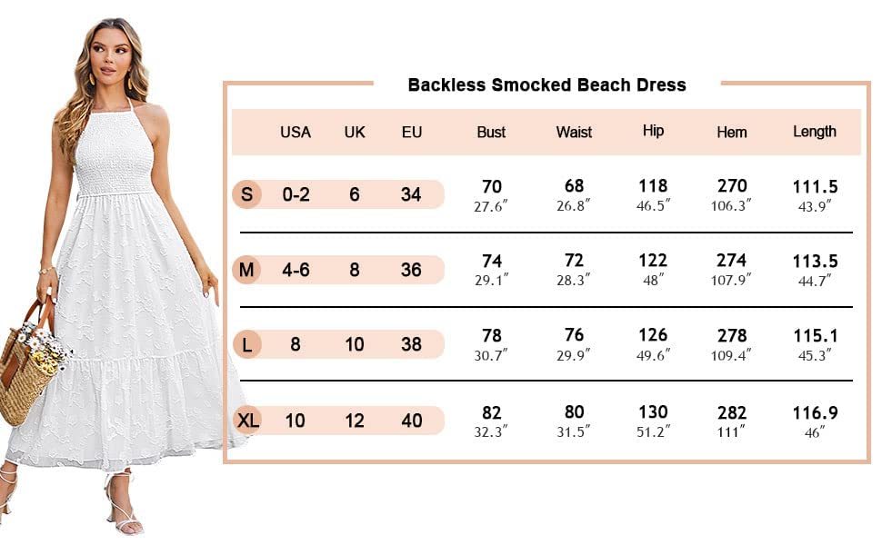 BerryGo Women's Halter Lace Flowy Long Dress Smocked Backless Elegant Beach Sun Maxi Dress for Wedding Guest White M
