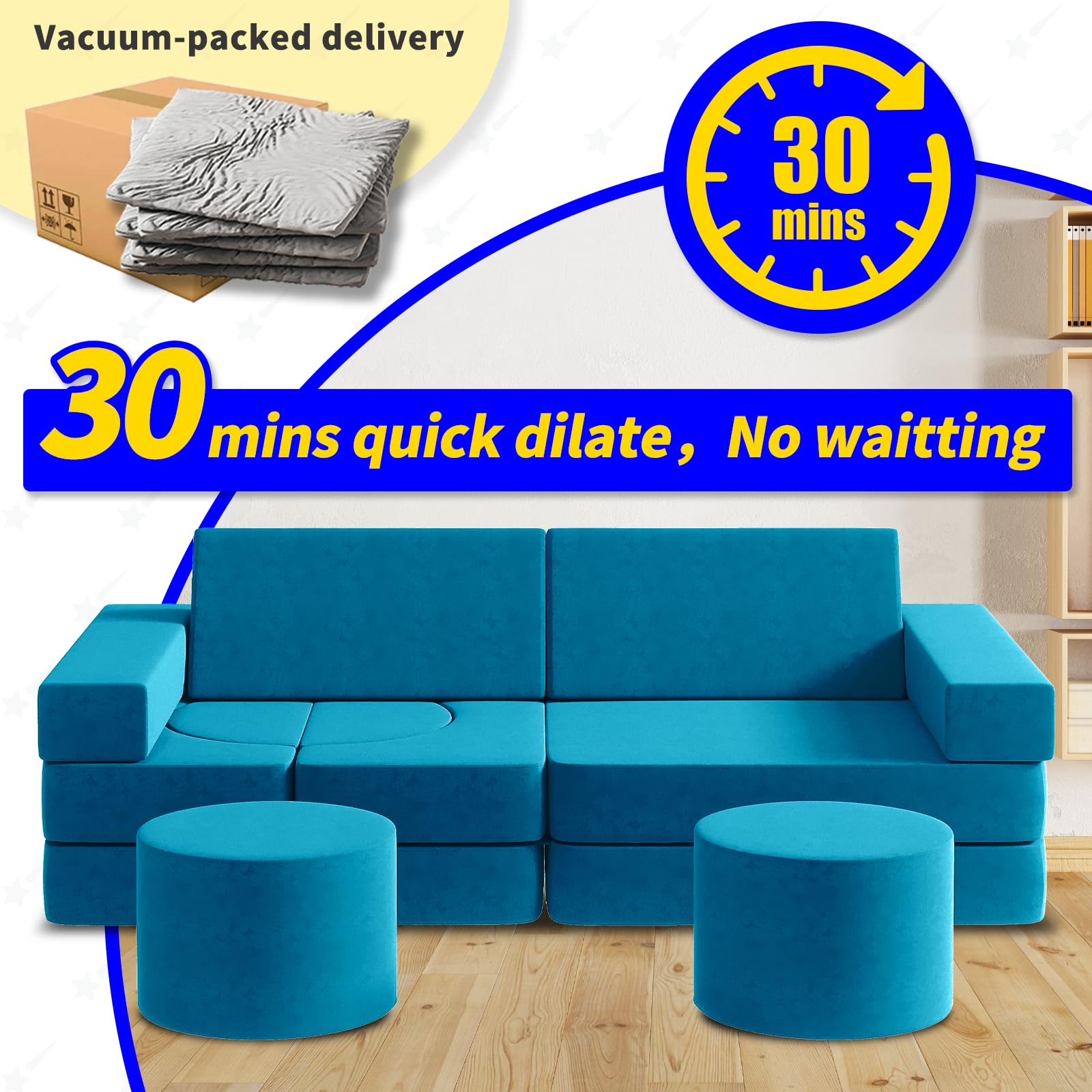 DEYGIA Modular Kids Play Couch, 13PCS, Kids Couch for Playroom, Modular for Boys and Girls, Blue, M