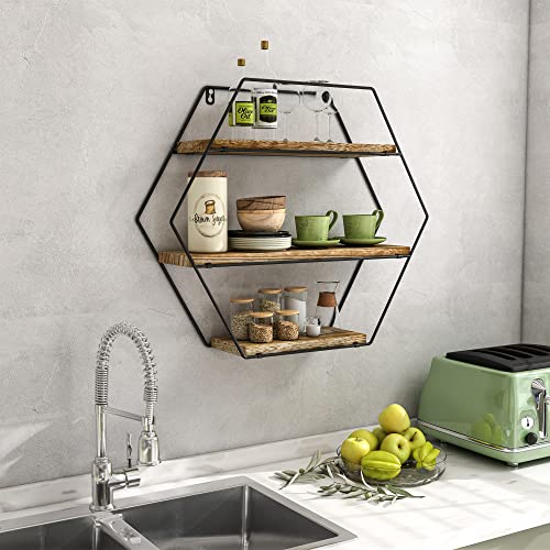 TFER Floating Shelves Wall Mounted Hanging Shelf Hexagon Rustic Farmhouse Shelves for Wall Decor,Storage | Metal Bracket and Reclaimed Natural Wood Shelf for Living Room,Bedroom,Bathroom,Kitchen