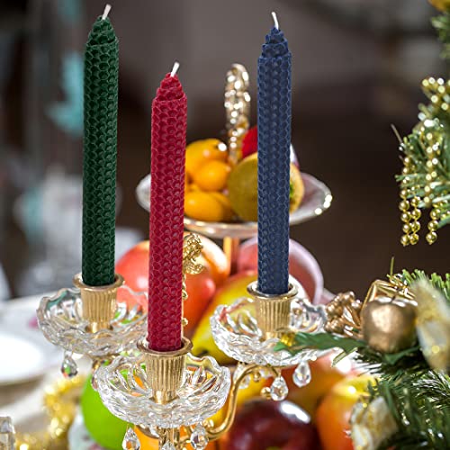 DEYBBY 8" Hand-Rolled Beeswax Taper Candles 6 Pack,Pure Natural Honeycomb Bee Wax Candle Cone Top,4Hour Burn Time(Navy Blue)