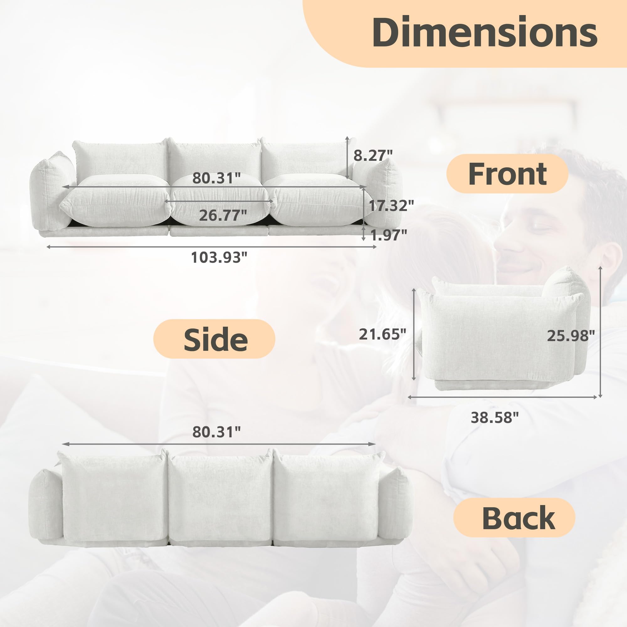 WJShome Modular Sectional Sofa,104" Chenilleyarn Minimalist Sofa Couch,3 Seater Convertible Couch Wide Living Room Sofa Sets for Office House,Beige