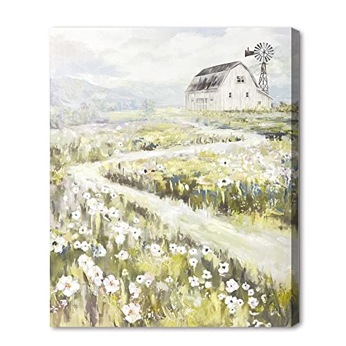Hi.I.U.88 Rustic Wall Decor Old White Barn Canvas Art Painting with Windmill Bathroom Deco Pictures for Farmhouse Bedroom Framed Ready to Hang (Green, 12X15In), 12X15In