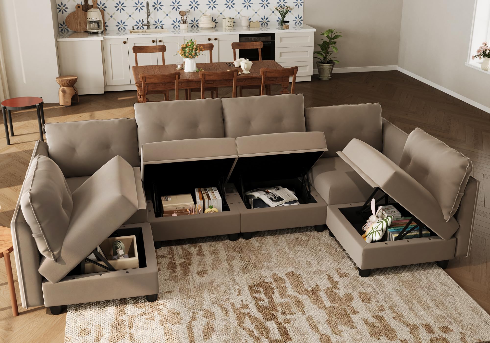 LLappuil Modular Sectional Sofa with Storage U Shaped Couch with Reversible Chaise Velvet Waterproof Anti-Scratch Sofas for Living Room 6 Seats Grey Brown