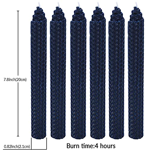 DEYBBY 8" Hand-Rolled Beeswax Taper Candles 6 Pack,Pure Natural Honeycomb Bee Wax Candle Cone Top,4Hour Burn Time(Navy Blue)