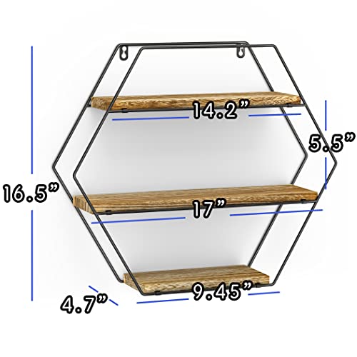 TFER Floating Shelves Wall Mounted Hanging Shelf Hexagon Rustic Farmhouse Shelves for Wall Decor,Storage | Metal Bracket and Reclaimed Natural Wood Shelf for Living Room,Bedroom,Bathroom,Kitchen