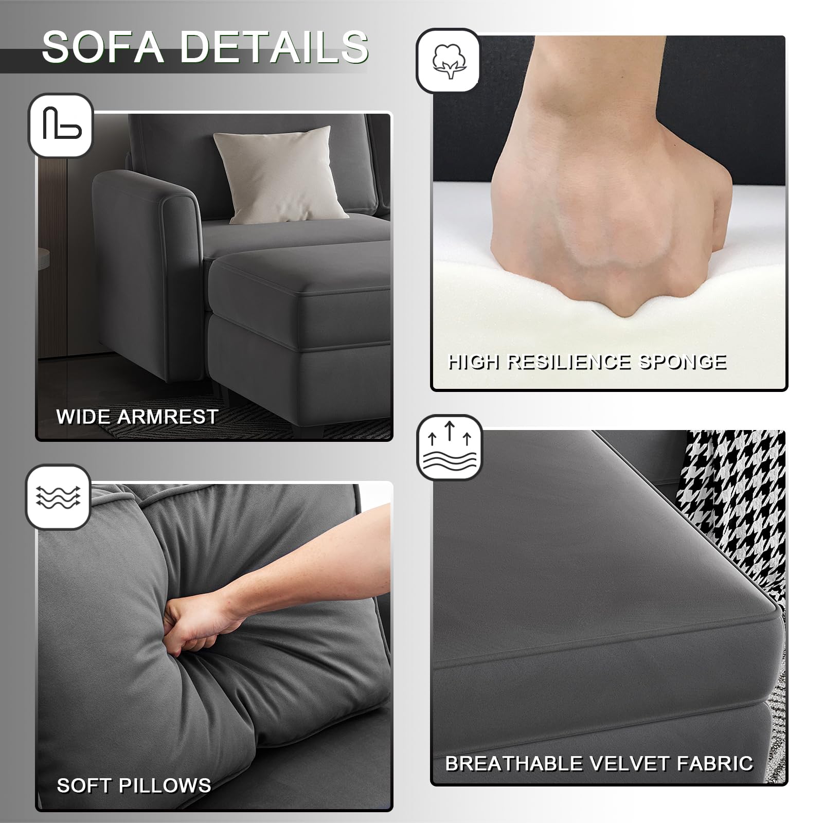 Modular Sectional Sofa U Shaped Sectional Couch with Reversible Chaise, Sleeper Velvet Modular Couch with Storage Seat for Living Room Furniture Sets Grey