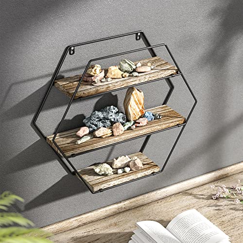 TFER Floating Shelves Wall Mounted Hanging Shelf Hexagon Rustic Farmhouse Shelves for Wall Decor,Storage | Metal Bracket and Reclaimed Natural Wood Shelf for Living Room,Bedroom,Bathroom,Kitchen